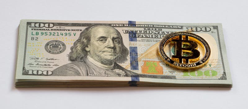 Bitcoin on 100 dollar bill stock photo. Image of abstract - 238705602