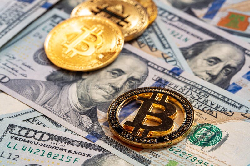 Bitcoin on 100 Dollar Bill Background Stock Photo - Image of internet ...