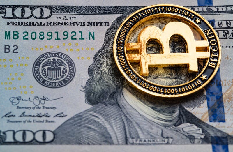 Bitcoin on 100 Dollar Bill Background Stock Photo - Image of abstract ...