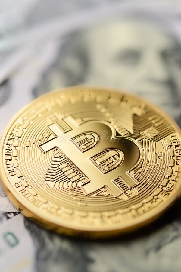 Bitcoin and dollar bills stock photo. Image of financial - 84986426