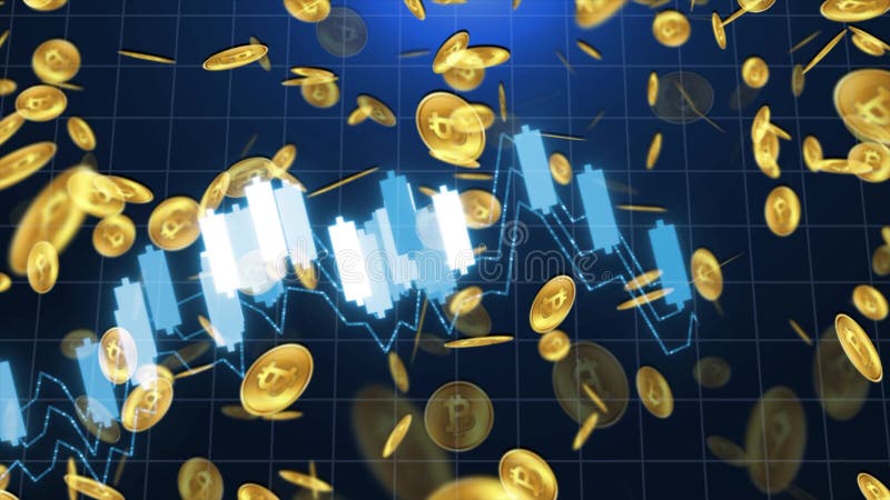 Bitcoin Falling on Black Background. Golden Btc Falling on Black Screen ...