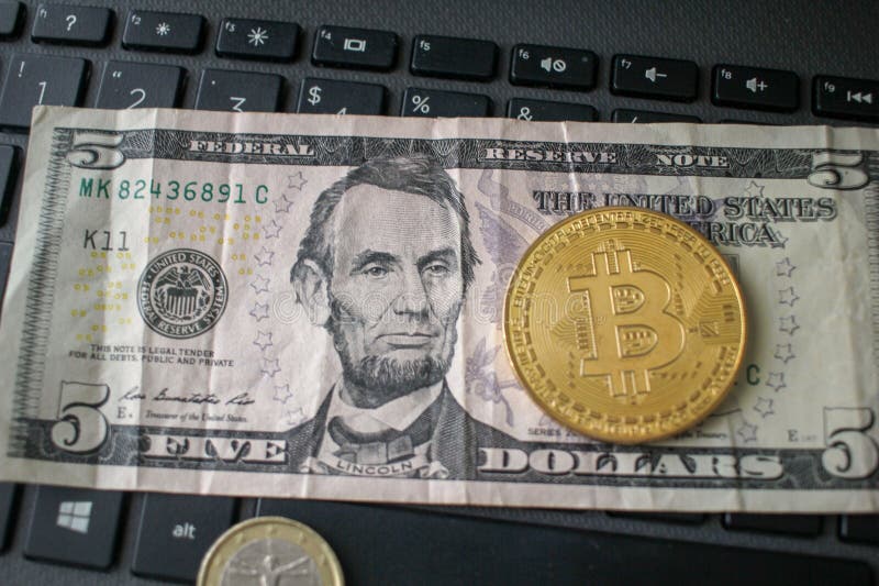 Bitcoin on a Five Dollar Note Stock Image - Image of money ...