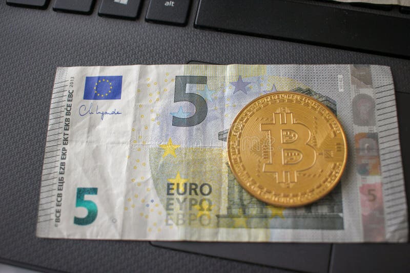 A Bitcoin on a Five Euro Note Stock Image - Image of bitcoin, change ...