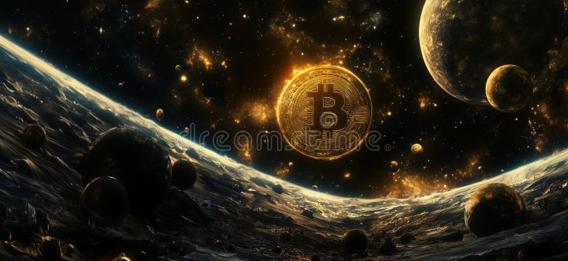 Bitcoin Floating in Space, Cosmic Background, Planets, Stars, and Dark ...