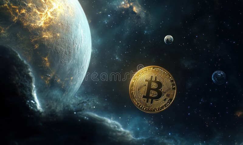 Bitcoin Floating in Space with Planets and Stars, Cosmic Background ...