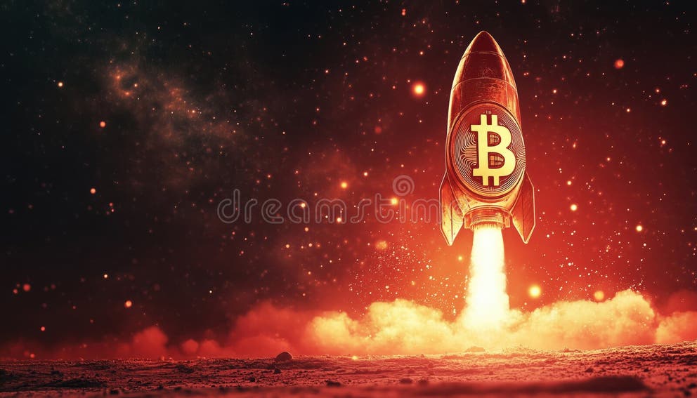 Bitcoin Flying through a Red Open Space Like a Rocket, Glowing with ...