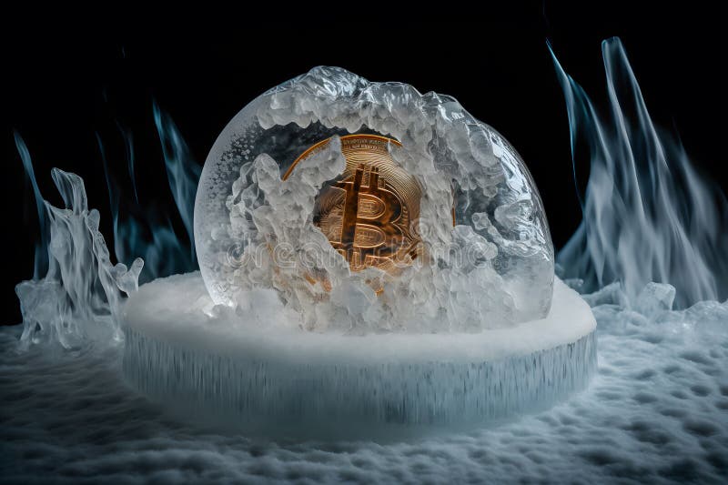 Bitcoin Frozen Inside Ice Cube, Bitcoin Price Crisis Concept. Neural ...