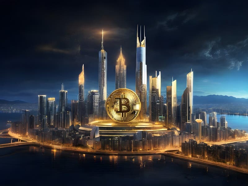 Bitcoin Going Up Next To Business Skyscrapers at Night Stock ...