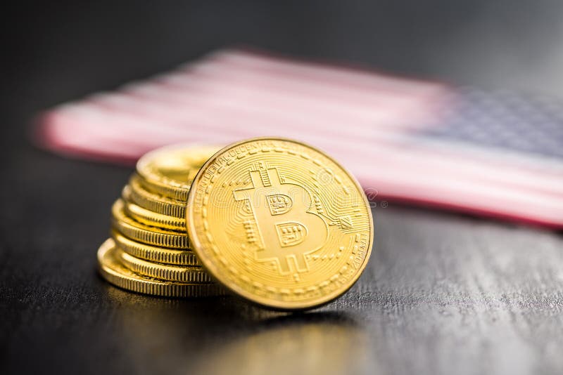 Bitcoin Gold Coin. Cryptocurrency with American Flag on Black Table ...