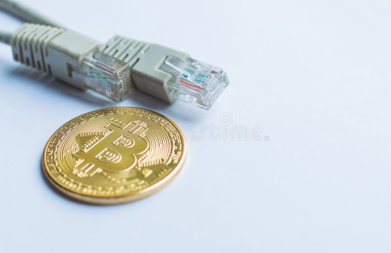 Bitcoin Gold Coin and Network Wire Connector Patch Cord Cable. Stock ...