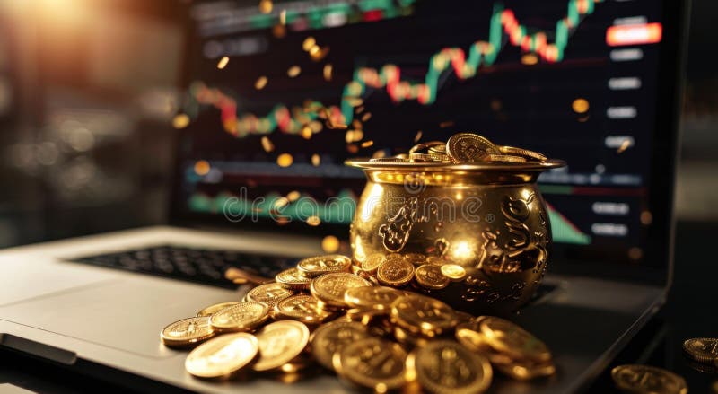 Bitcoin in Golden Pot with Market Chart Background. Trading Win Concept ...