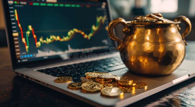 Bitcoin in Golden Pot with Market Chart Background. Trading Win Concept ...