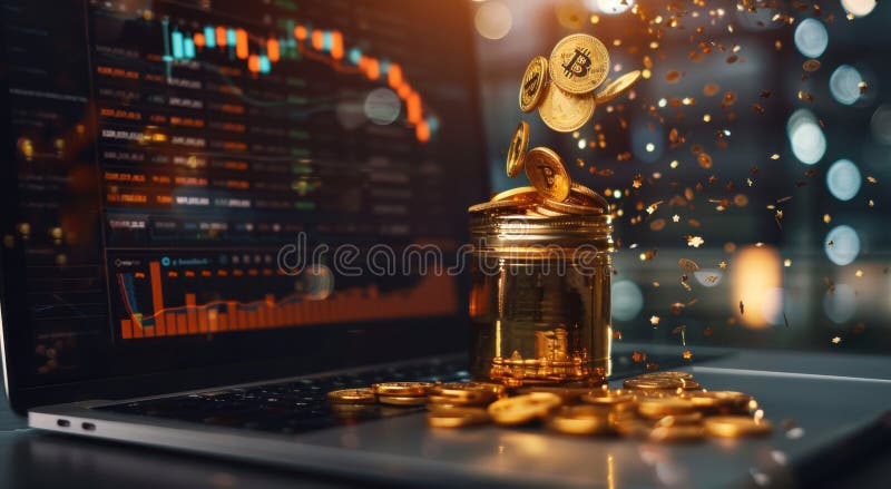 Bitcoin in Golden Pot with Market Chart Background. Trading Win Concept ...