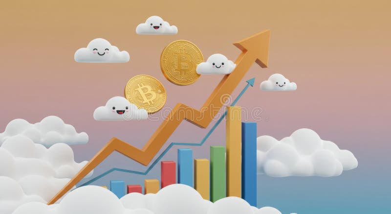 Bitcoin Growth with Cartoon Clouds and Rising Bar Chart in Surreal ...
