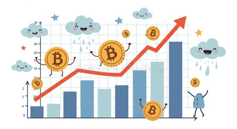 Bitcoin Growth Chart with Smiling Clouds and Rising Arrow Stock Photo ...
