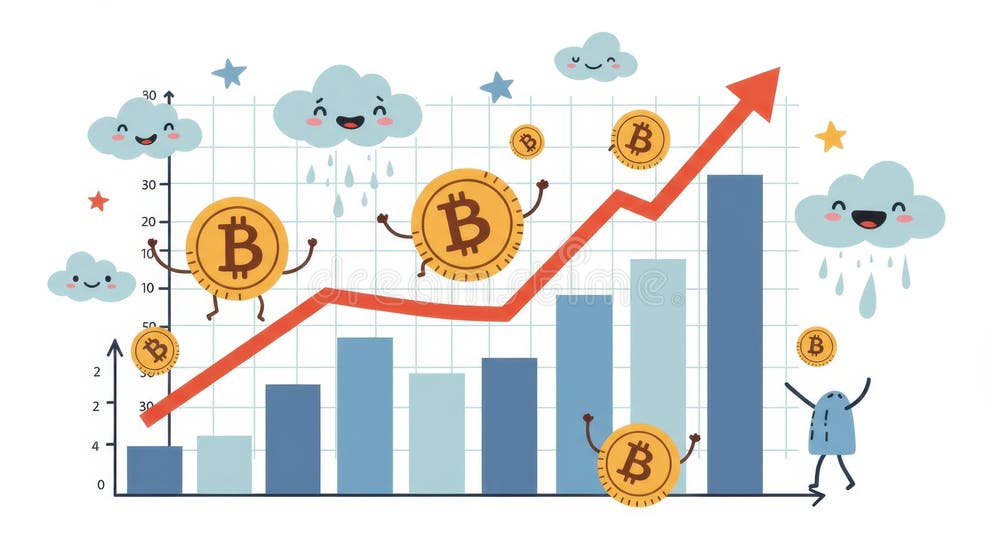 Bitcoin Growth Chart with Smiling Clouds and Rising Arrow Stock Photo ...
