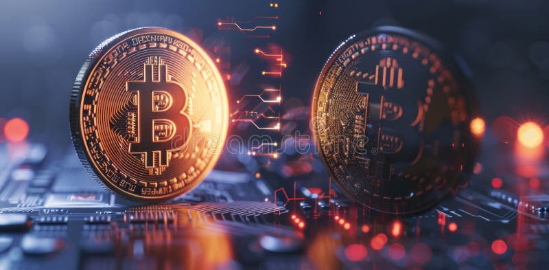 Bitcoin Halving Concept, Two BTC Crypto Coins Reflection on a Circuit ...