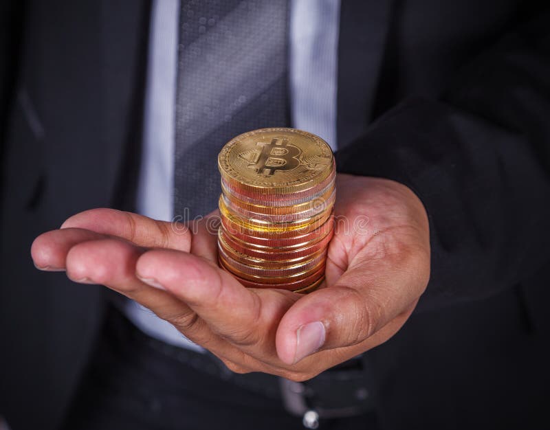 Bitcoin in Hand of Business Man Stock Image - Image of icon, gray ...
