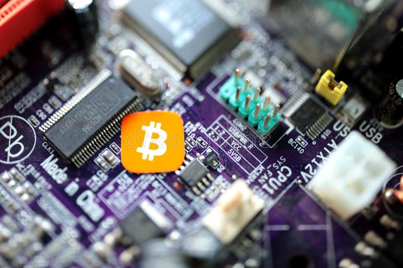 Bitcoin Icon on Computer Motherboard Close-up, Cryptocurrency and ...