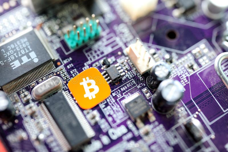 Bitcoin Icon on Computer Motherboard Close-up, Cryptocurrency and ...