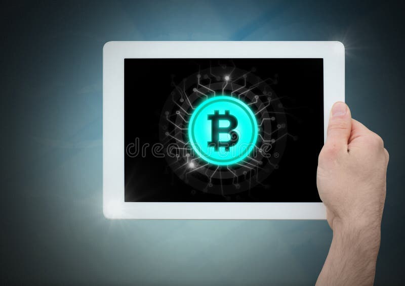 Bitcoin Icon and Hand Holding Tablet Stock Image - Image of defocussed ...