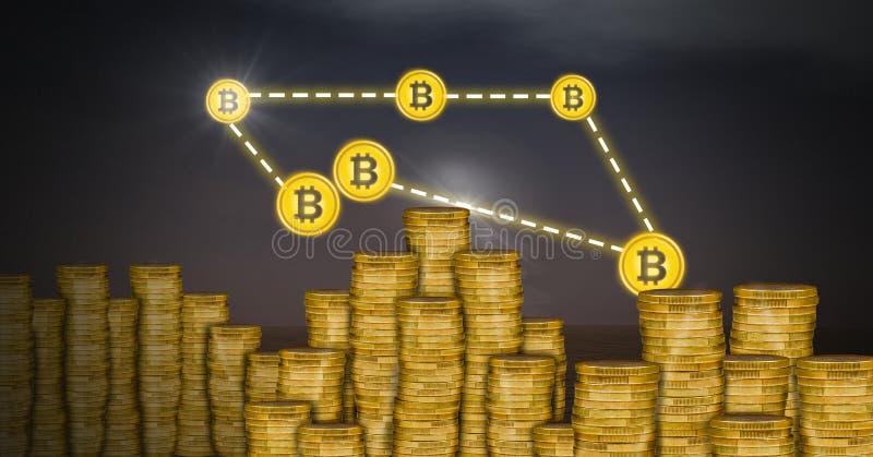 Bitcoin Icons Connecting in a Network with Towers of Coins Stock ...