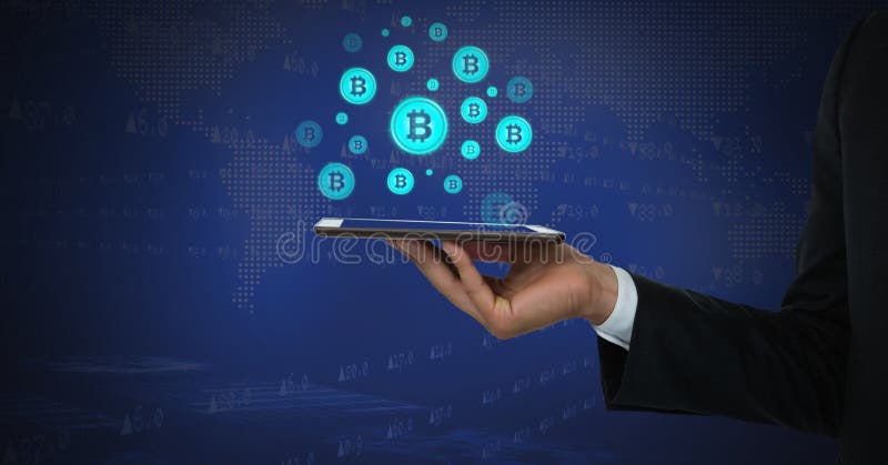 Bitcoin Icons and Hand Holding Tablet Stock Image - Image of corporate ...