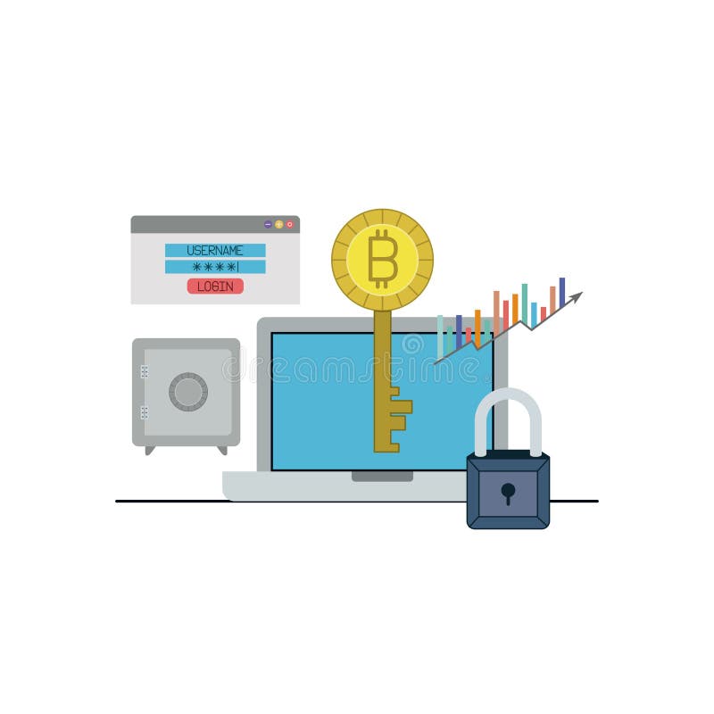 Bitcoin Key Login Closeup with Laptop Computer and Safe Stock Vector ...