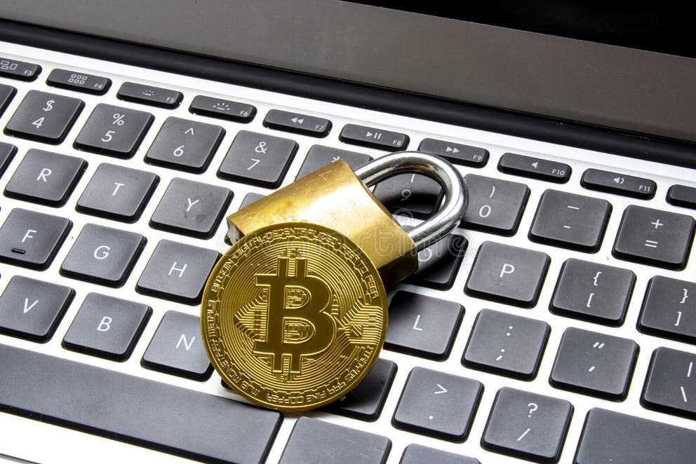 Bitcoin, lock and laptop stock photo. Image of digital - 172935686