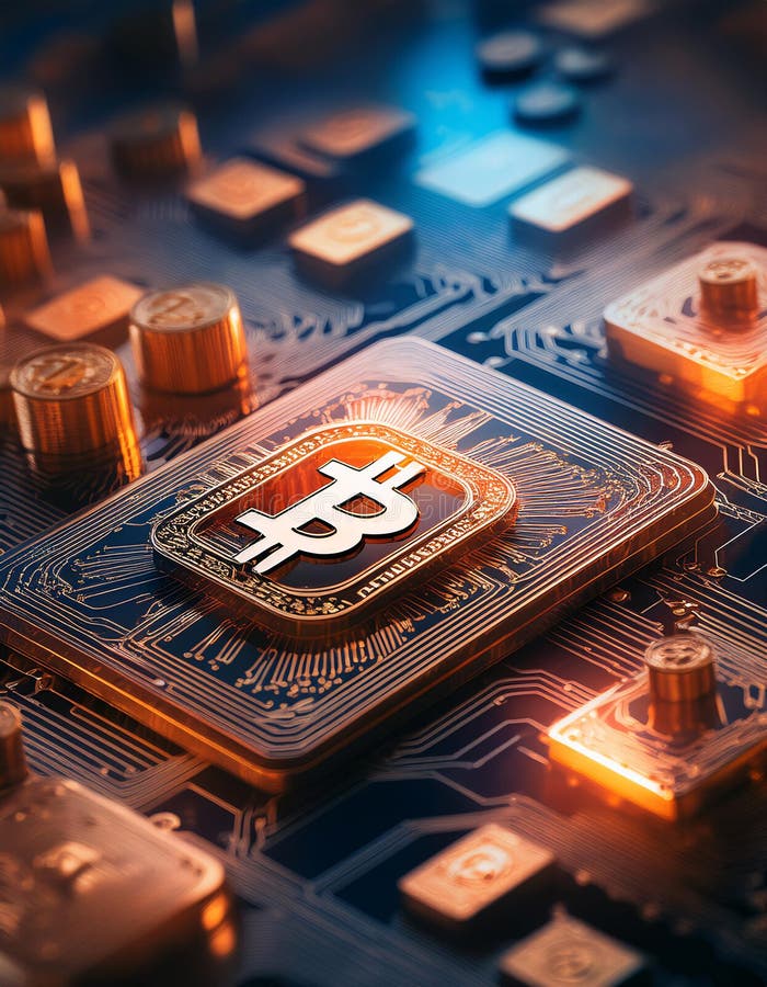 A Bitcoin Logo Sits on a Circuit Board, Illuminated by a Colourful Glow ...