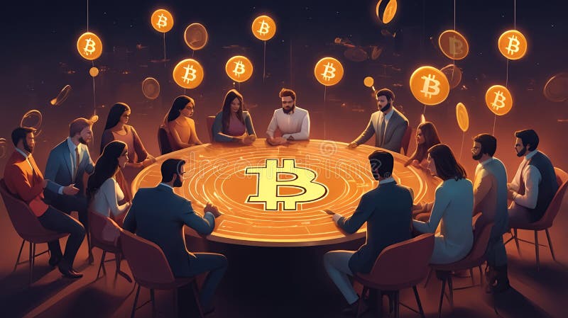 Bitcoin Meeting at Round Table with Falling Coins Stock Illustration ...