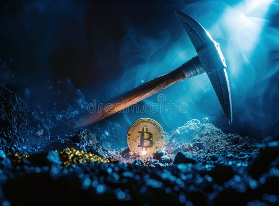 Bitcoin Mining Concept with Pickaxe and Glowing Coin Stock Illustration ...