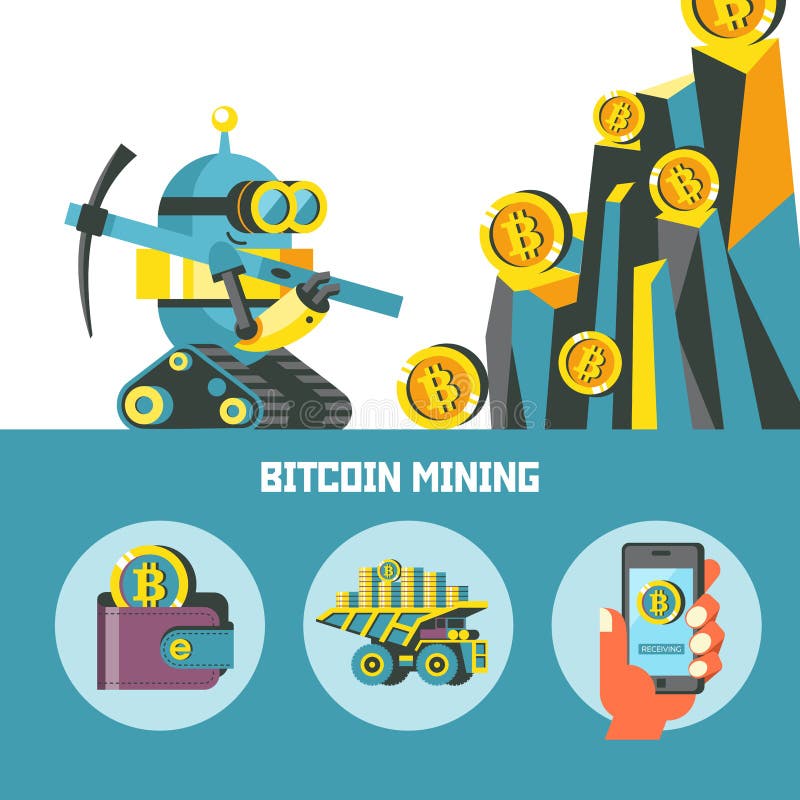 Bitcoin Mining. Cute Robot Produces Bitcoins. Vector Illustration ...