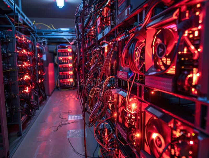 Bitcoin Mining Operation Inside a Dimly Lit Underground Facility ...