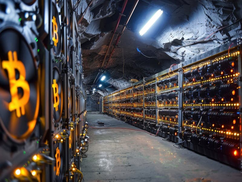 Bitcoin Mining Operation Inside a Dimly Lit Underground Facility ...