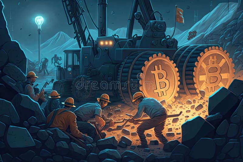 Bitcoin Mining Operation, with Workers Digging and Transporting ...