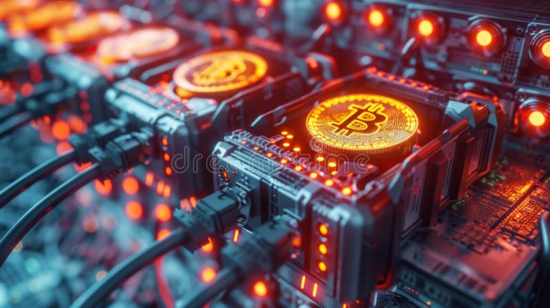 Bitcoin Mining Rig with Glowing Components Operating in a High Tech ...