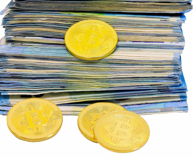 Bitcoin Money and a Pile of Money in European Banknotes on a White ...