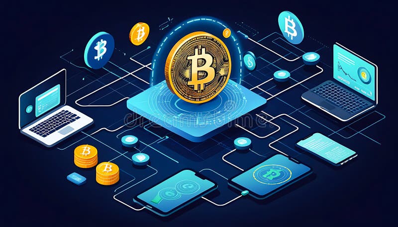 Bitcoin Network Ecosystem stock illustration. Illustration of blue ...