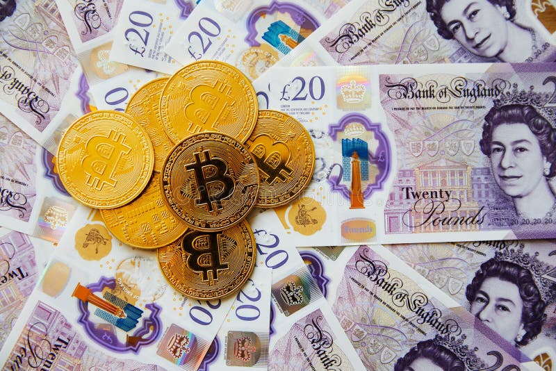 Bitcoin Over British Pound Notes. Cryptocurrency Coins or Money ...