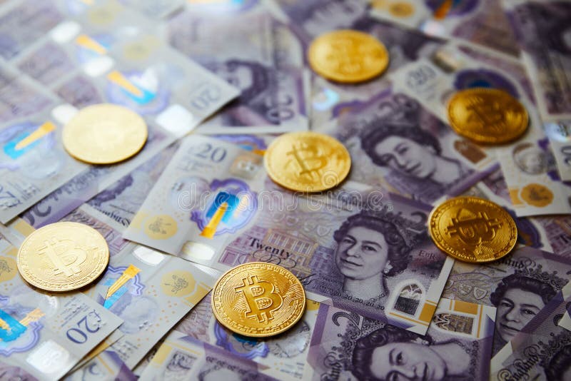 Bitcoin Over British Pound Notes. Cryptocurrency Coins or Money ...