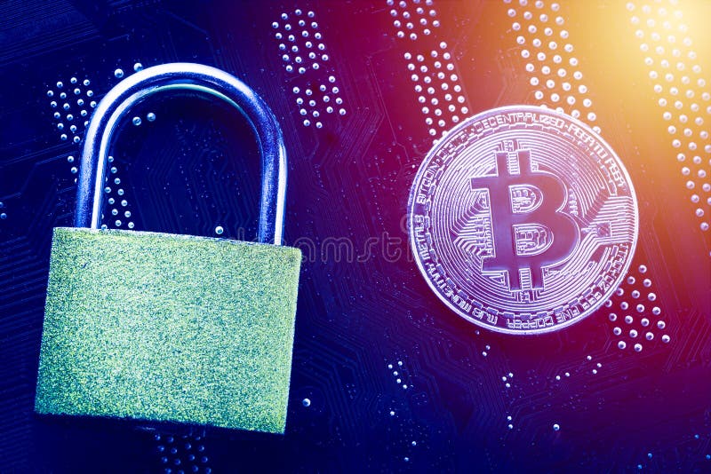 Bitcoin with Padlock on Computer Motherboard. Crypto Currency Internet ...