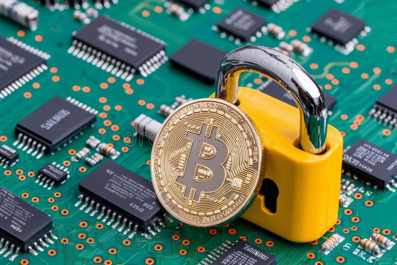 A Bitcoin with a Padlock on Its Motherboard. Crypto Currency ...