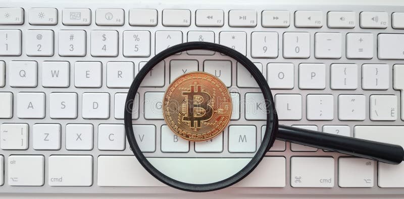 Bitcoin Pending, Magnifying Glass and Bitcoin Coin on White Computer ...
