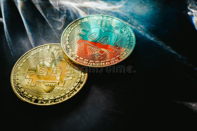 Bitcoin Physical Coins Illuminated Light Rays Dark Background Stock ...