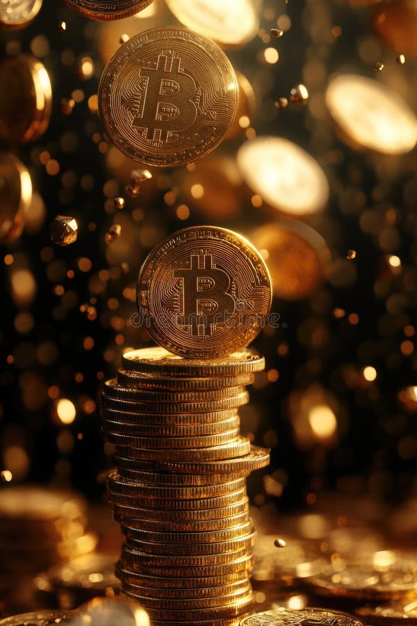 Bitcoin Pile Falling from Sky Stock Photo - Image of wealth, commerce ...