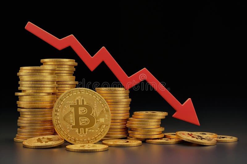 Bitcoin Price Drop: Gold Coins & Red Arrow Symbolize Crypto Decline Stock Illustration ...