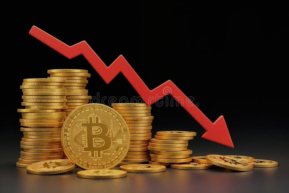 Bitcoin Price Drop: Gold Coins & Red Arrow Symbolize Crypto Decline Stock Illustration ...