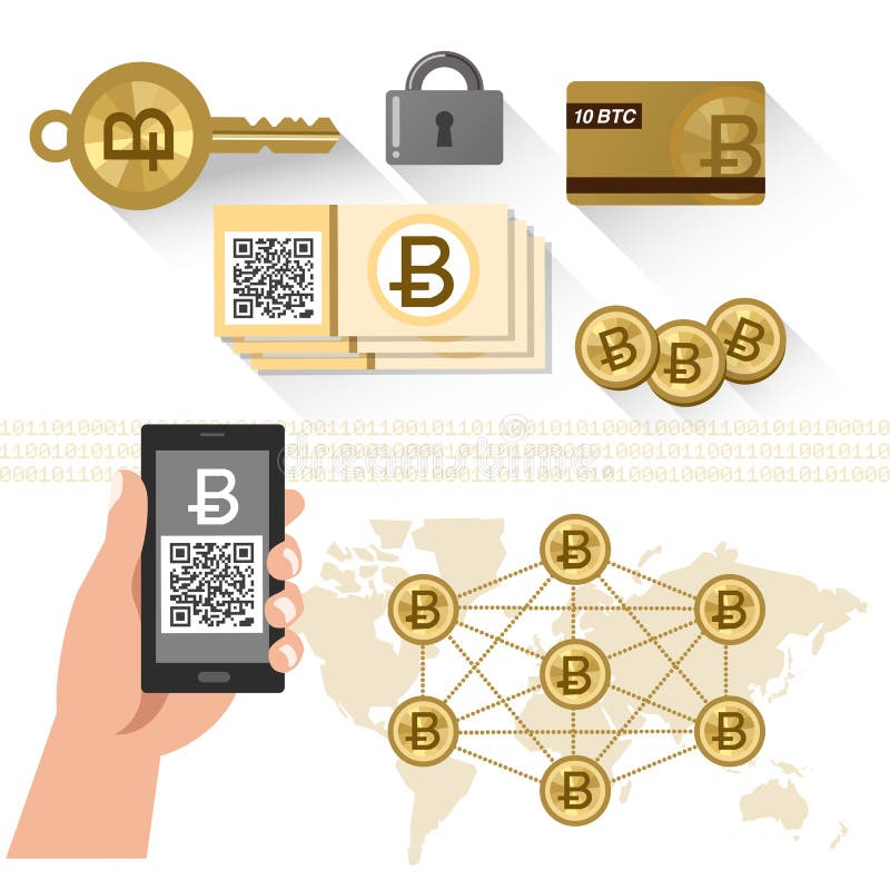 Bitcoin Related Items - P2P System, Secure Key Stock Vector ...