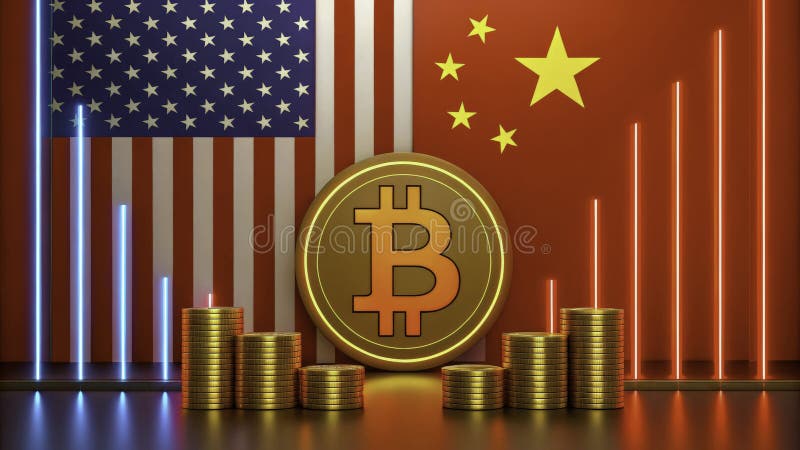 Bitcoin Representation with US and China Flags in Background Showcasing ...